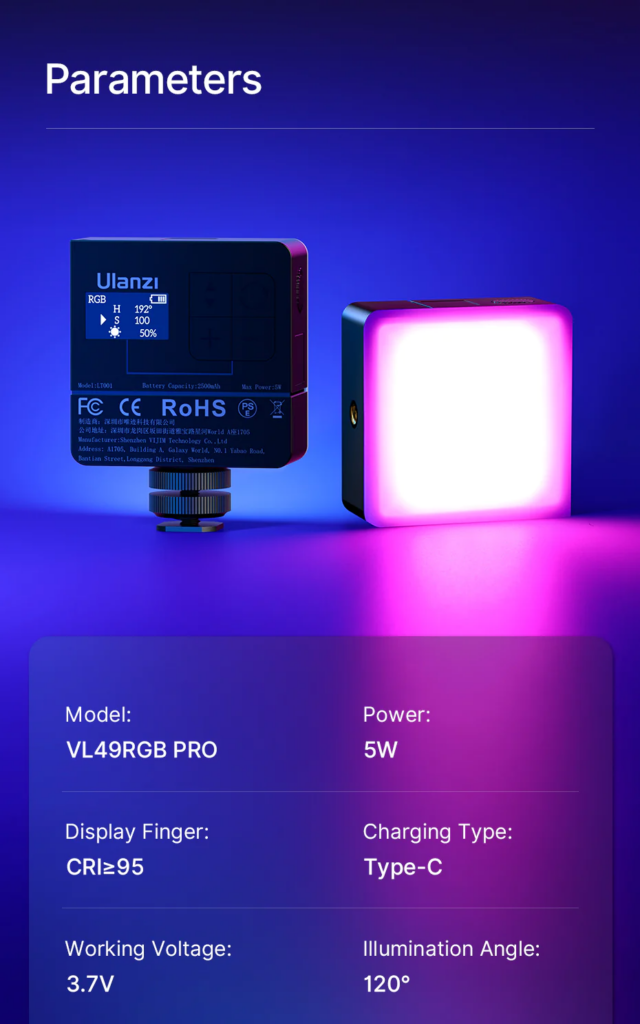 Ulanzi VL49 Pro Mini RGB Video Lamp | Cinegear Amsterdam
